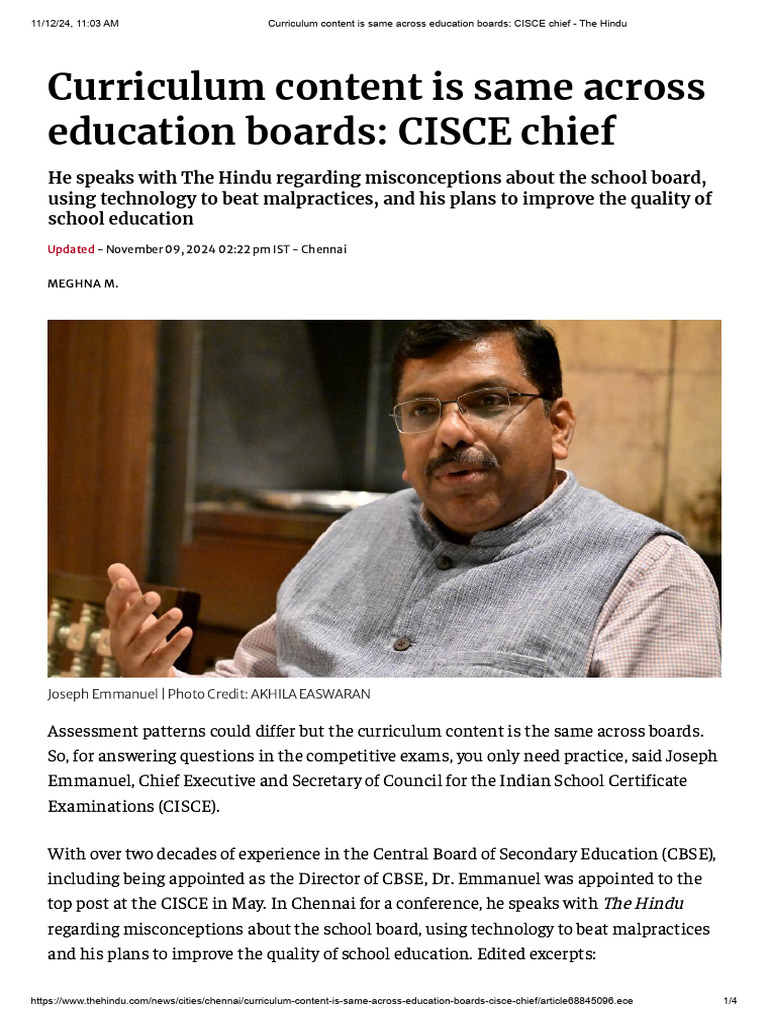 Curriculum Content Is Same Across Education Boards - CISCE Chief - The ...