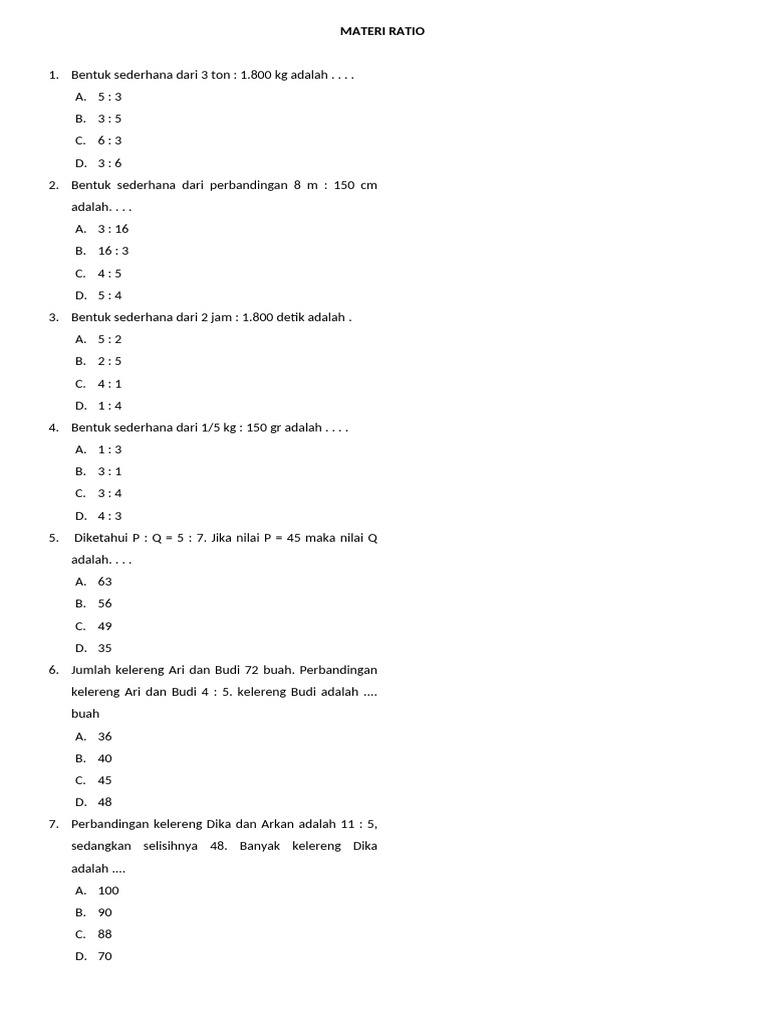 Soal Perbandingan dan Rasio Matematika | PDF