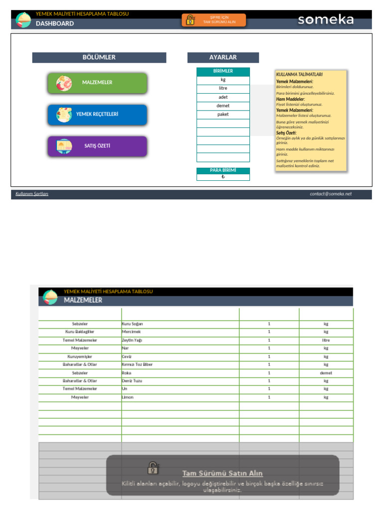 Yemek Maliyeti Hesaplama Tablosu Someka Excel Sablonu V1 Ucretsiz 2 | PDF