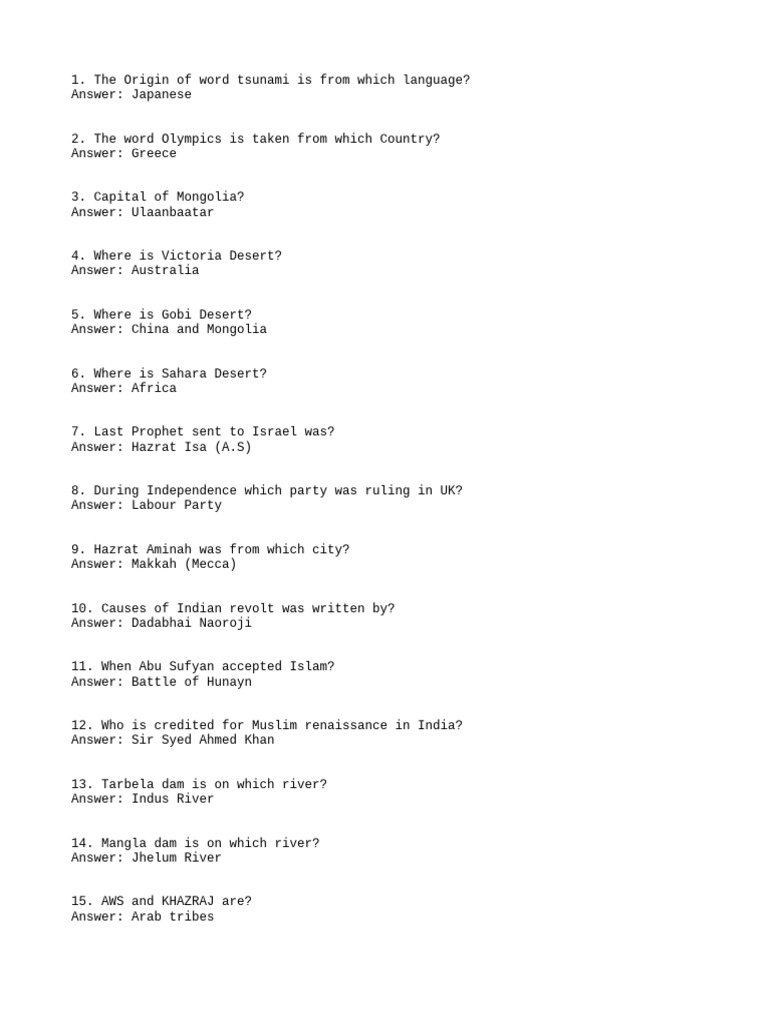 General Knowledge Quiz Answers | PDF | Pakistan