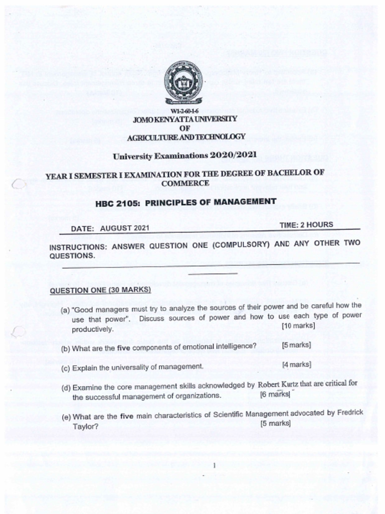 HBC 2105 Principles of Management August 2021 | PDF