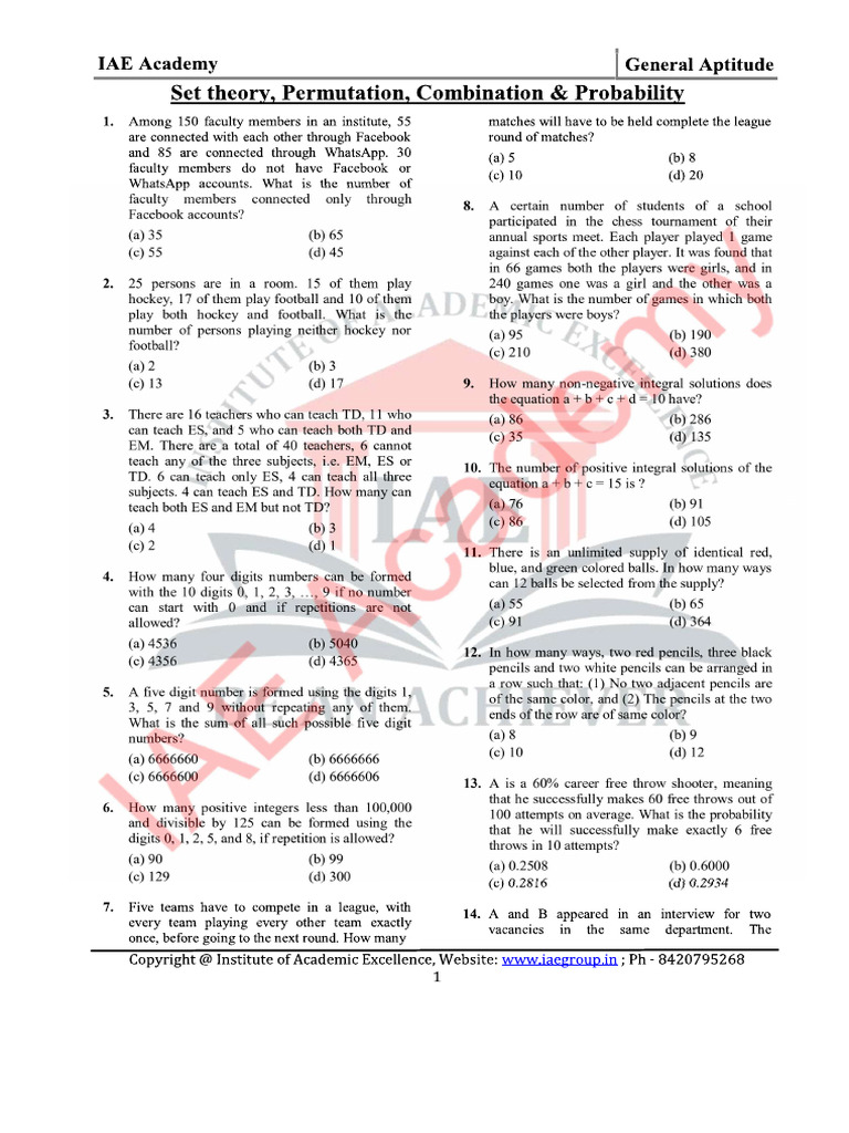 Set theory, Permutation, Combination _ Probability (GA) | PDF
