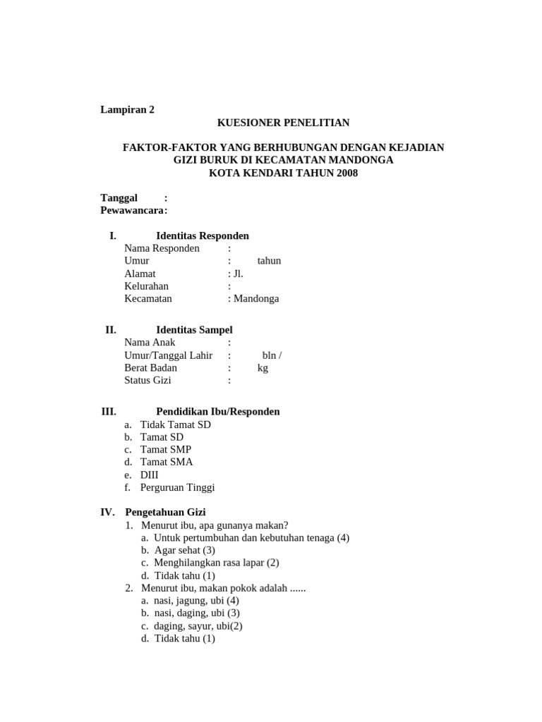 Kuesioner Gizi Buruk di Mandonga | PDF