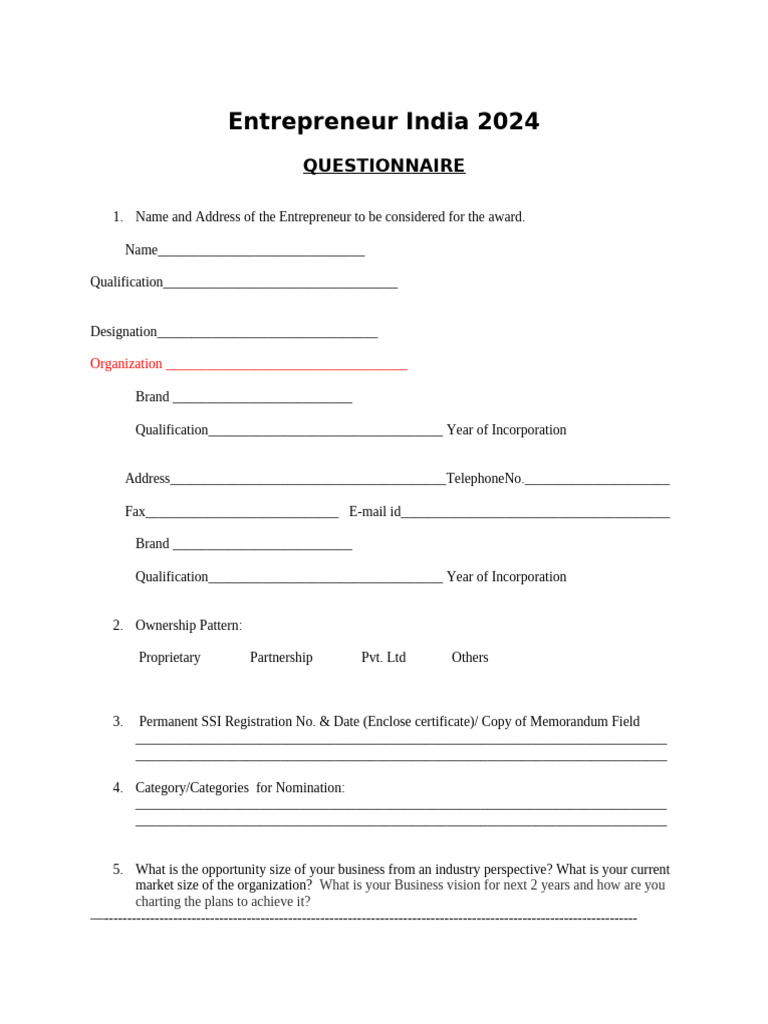 Entrepreneur India Awards 2024 Questionnaire | PDF | Business ...