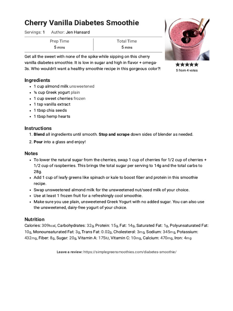 Cherry Vanilla Diabetes Smoothie - Simple Green Smoothies | PDF