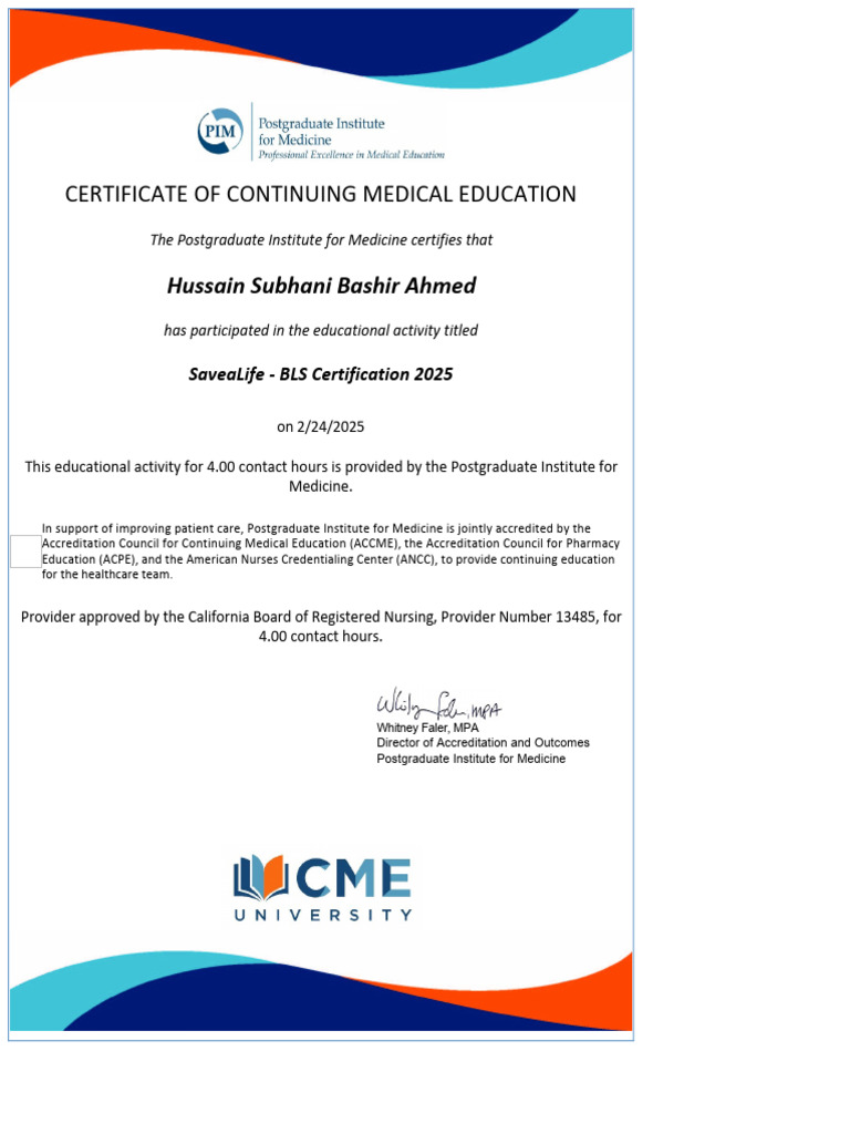BLS Certification CME Certificate 2025 | PDF