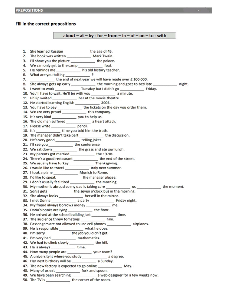 Prepositions Practice Sheet | PDF