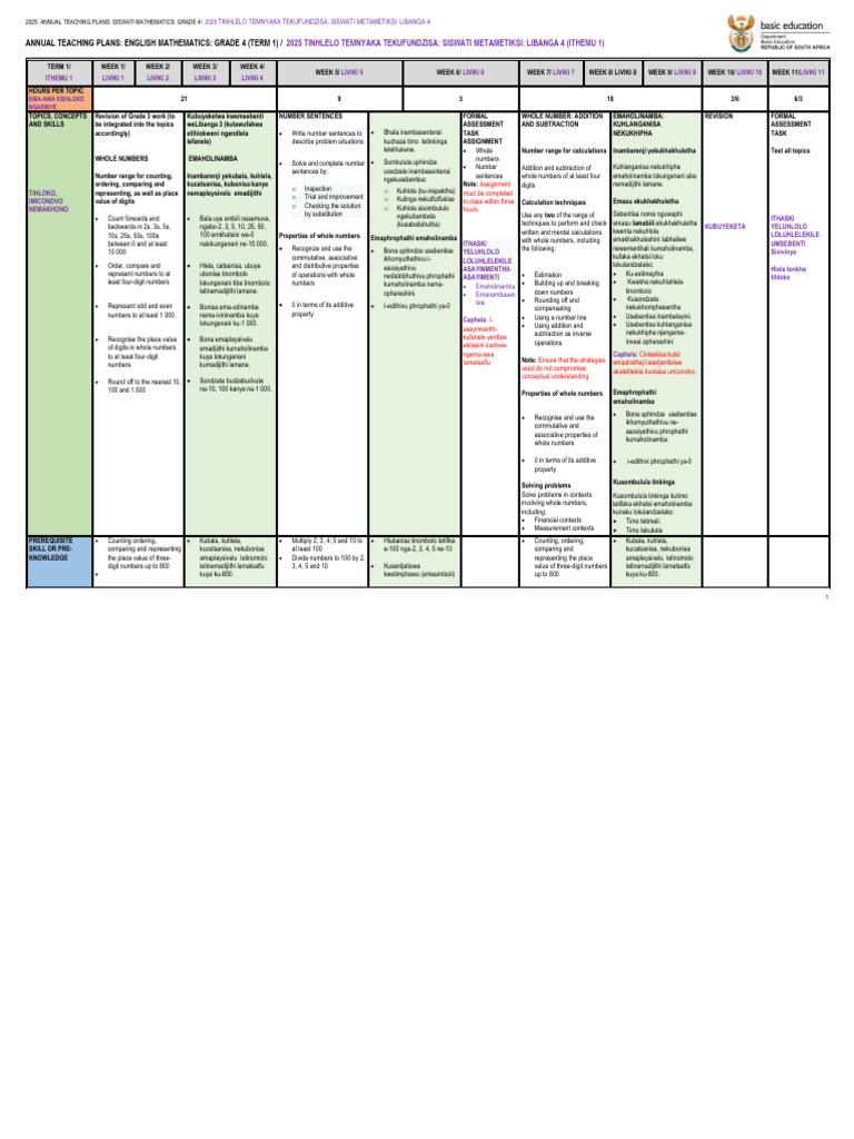 2025 - Siswati - Grade 4 - Mathematics - ATP - Term 1 & 2 | PDF | Multiplication | Subtraction