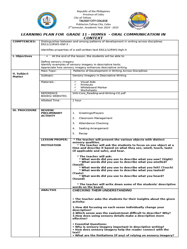 Esp Lesson Plan Template (1) | PDF | Senses | Experience