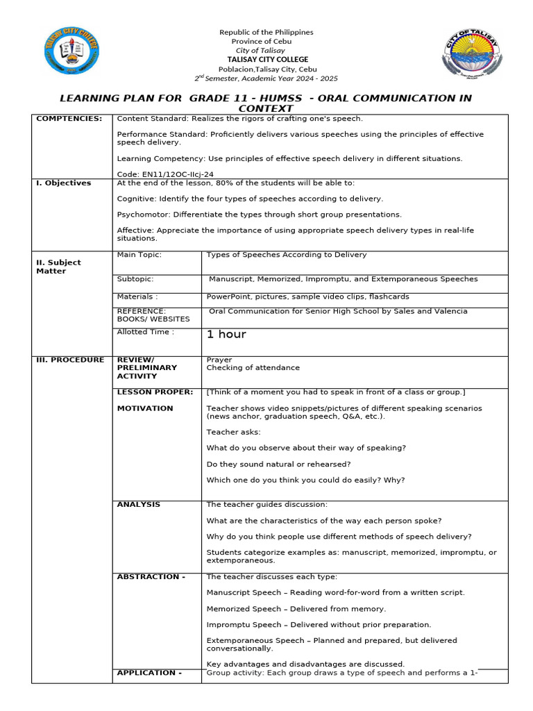 Esp Lesson Plan Template | PDF | Teachers | Communication