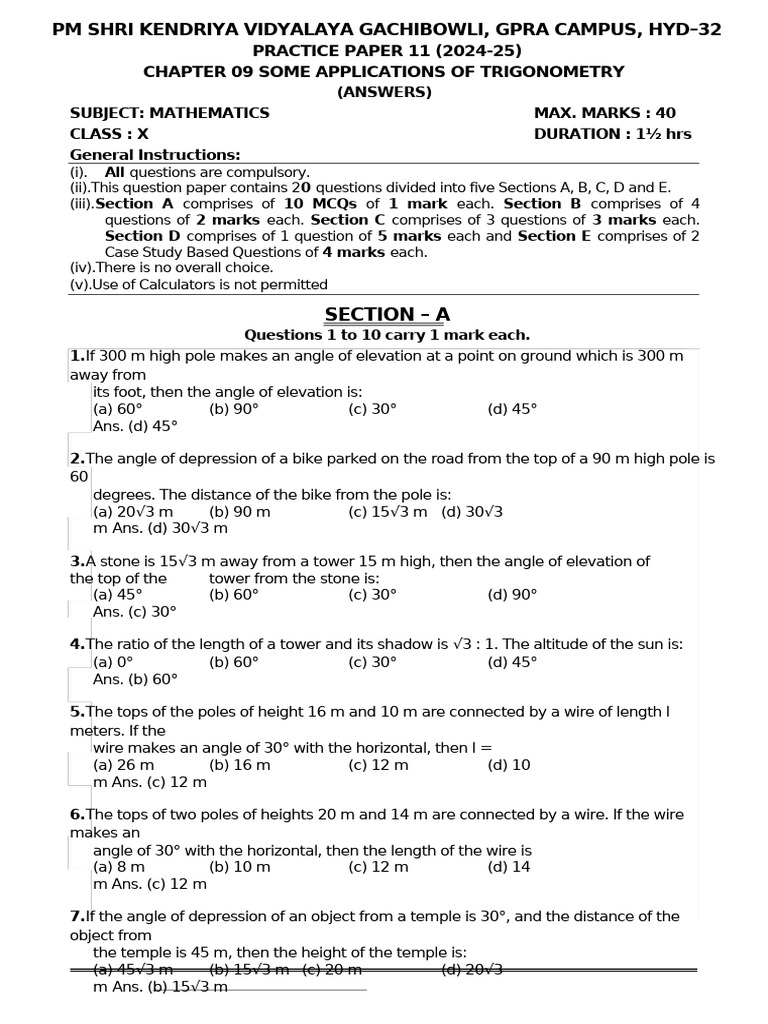 Trigonometry Practice Paper Class X | PDF | Shadow | Angle