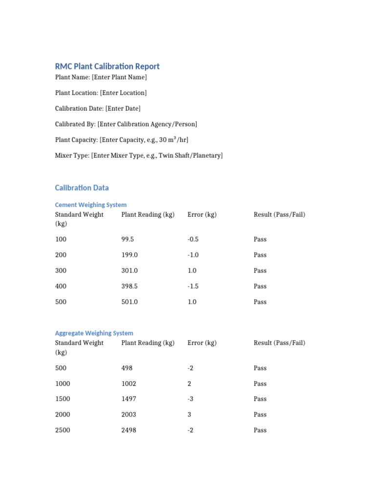 RMC Plant Calibration Summary Report | PDF