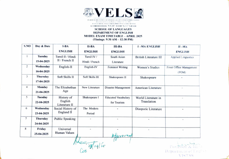 April 2025 Model Exam Timetable | PDF