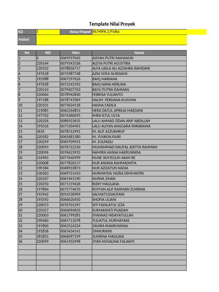 Template Nilai Proyek-XII - MIPA.1-Fisika | PDF