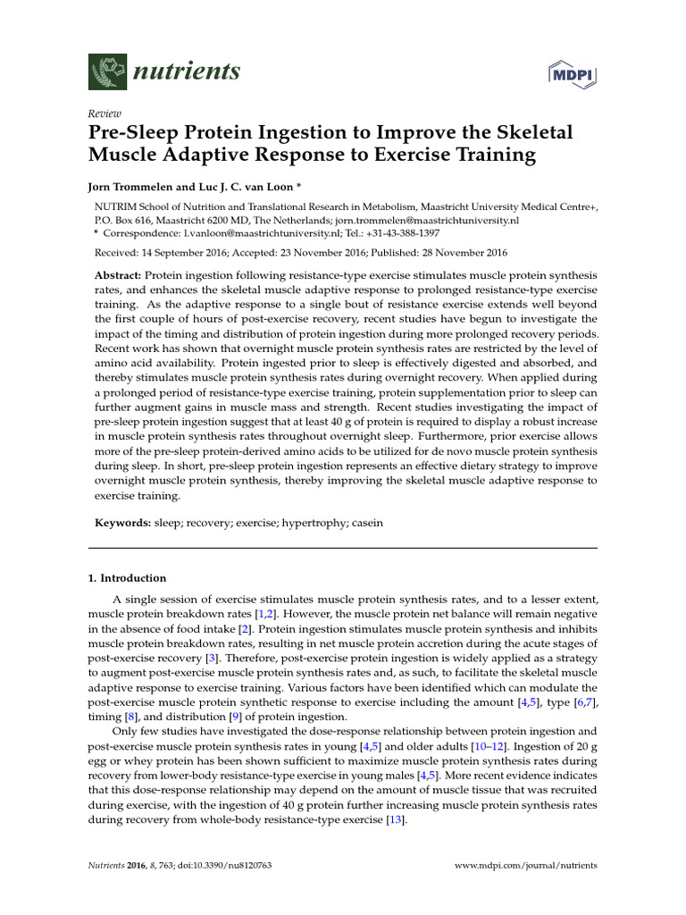 (運動生化) 2016 Pre-Sleep Protein Ingestion to Improve the Skeletal Muscle ...