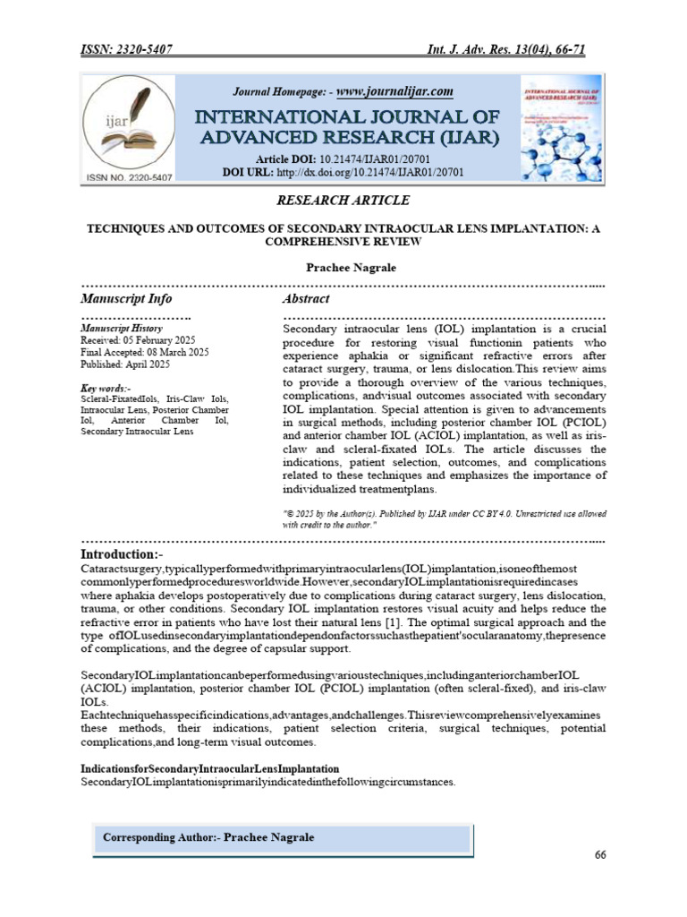 Techniques and Outcomes of Secondary Intraocular Lens Implantation: A ...