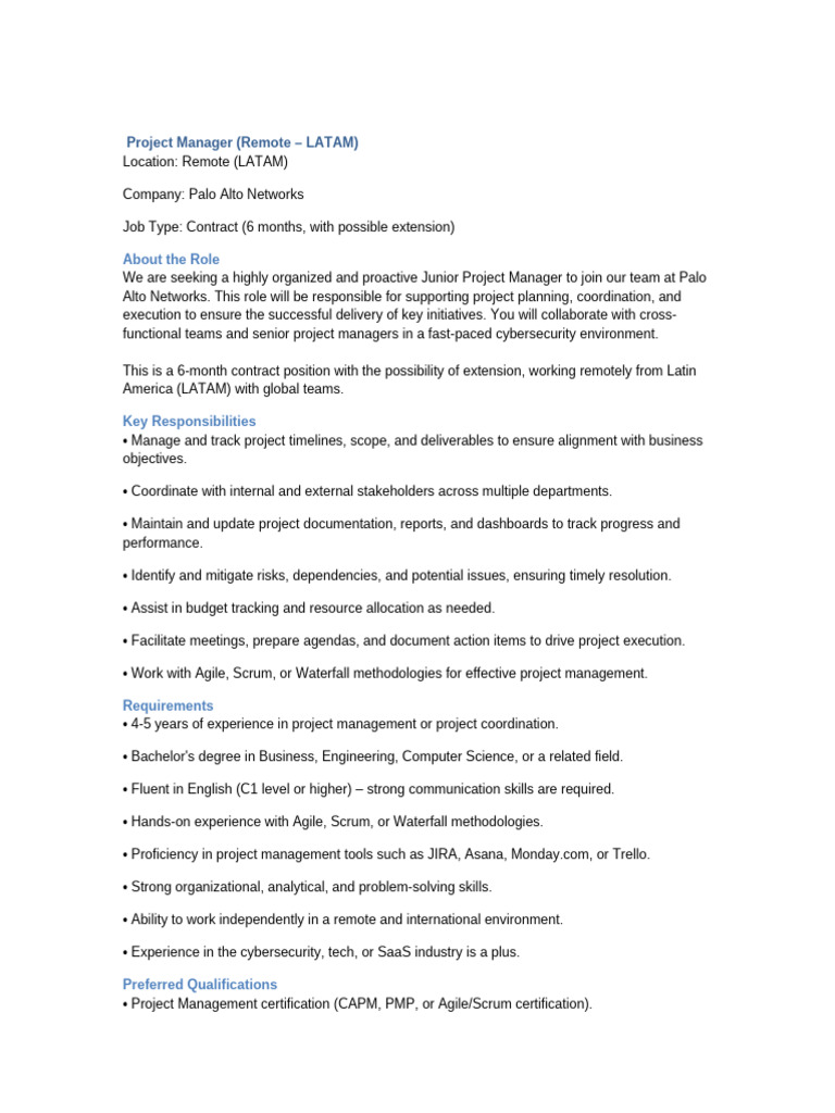 Project Manager (Remote - LATAM) | PDF | Project Management | Agile ...