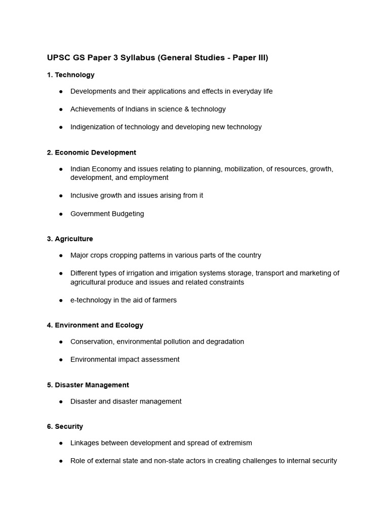 UPSC GS Paper 3 Syllabus (General Studies - Paper III) | PDF