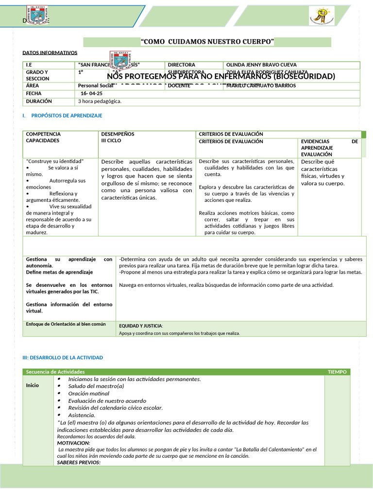 Sesion de Pesonal Social Como Cuidamos Nuestro Cuerpo 15-04-2024 | PDF ...