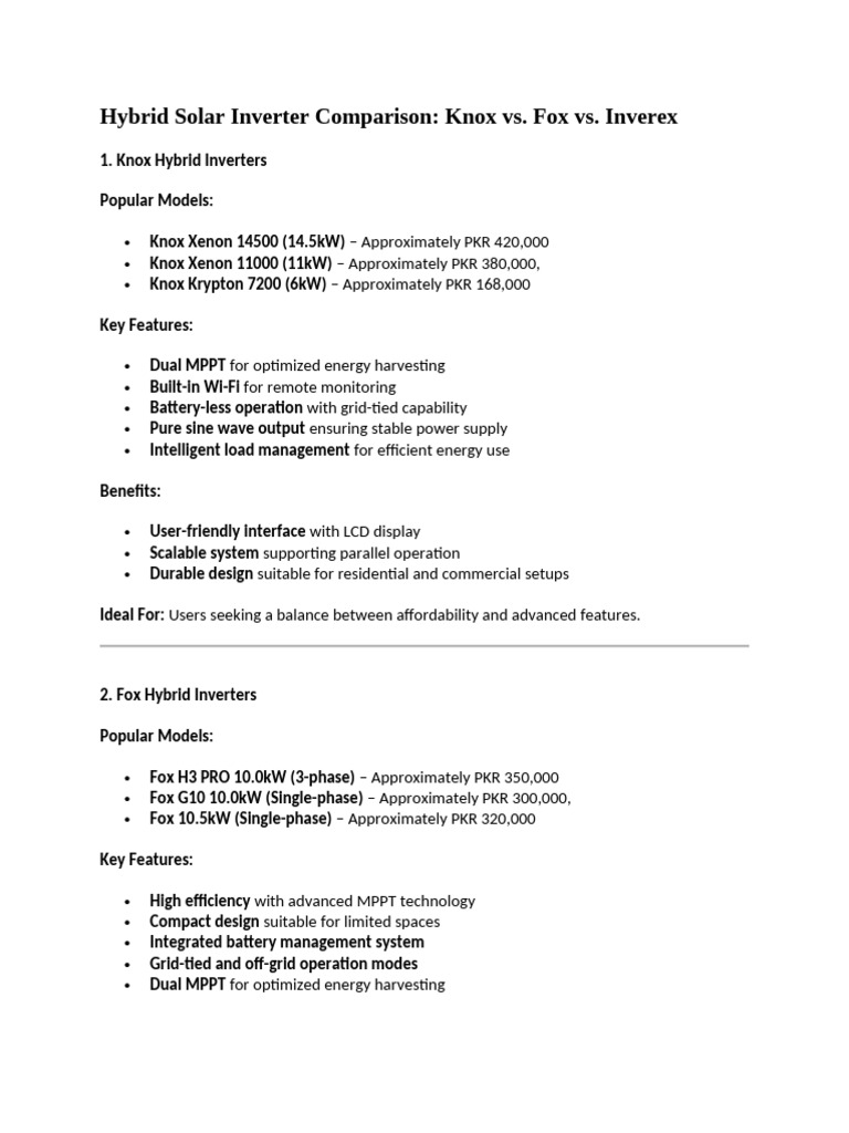 Hybrid Solar Inverter Comparison | PDF | Solar Panel | Power Inverter