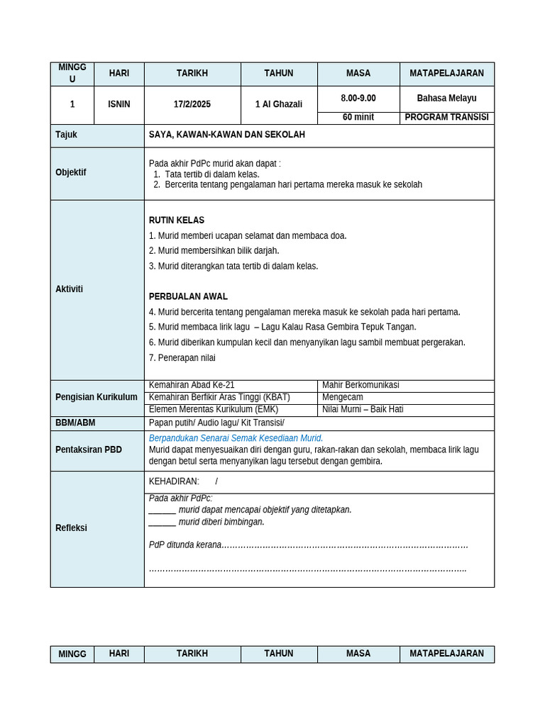 Contoh RPH Transisi 2025 | PDF