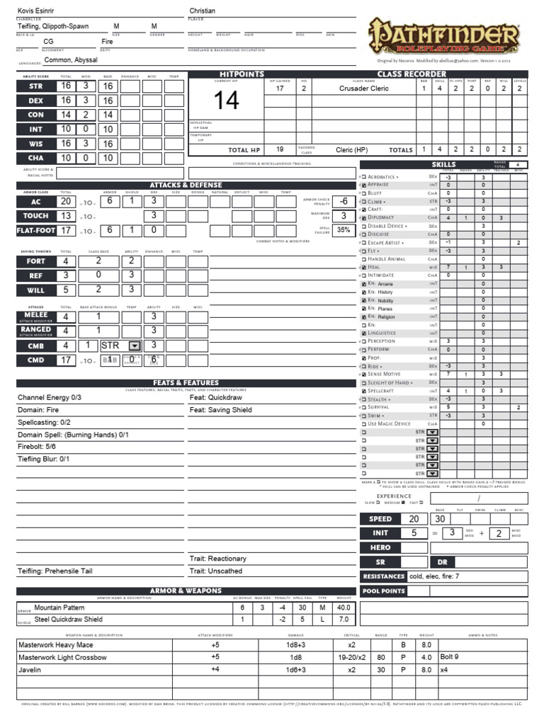 Neceros' Pathfinder RPG Character Sheet - LVL 2 Cleric | PDF | Fantasy Role Playing Games | D20 ...