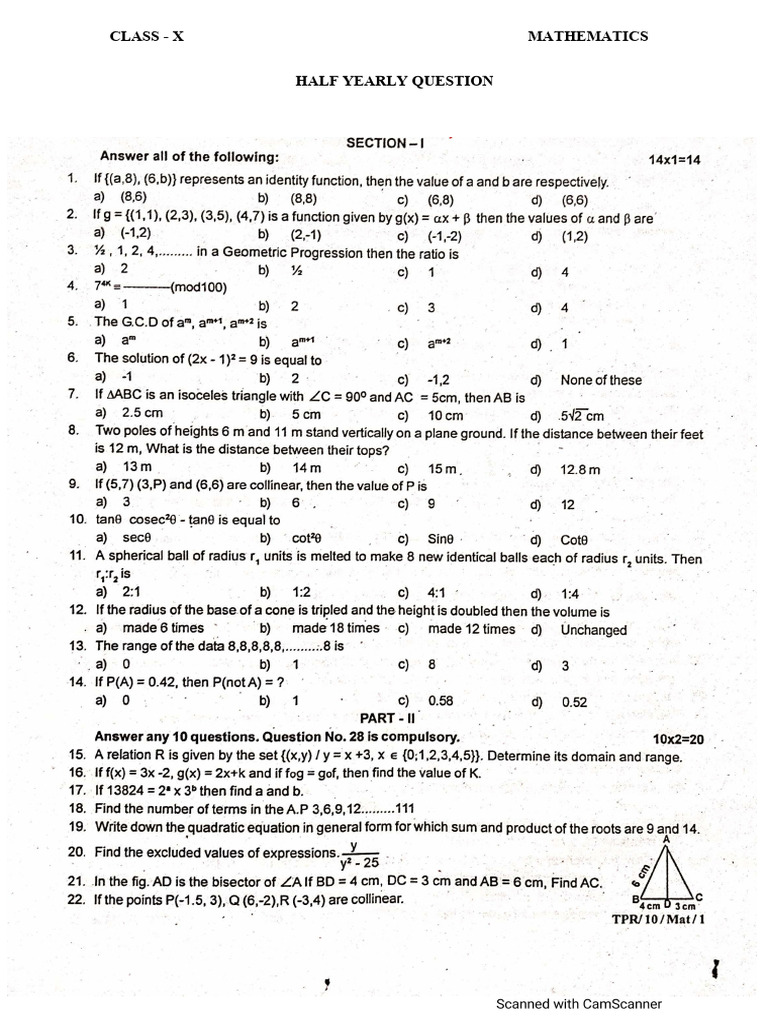 10th Maths Half Yearly Model QP 1 | PDF