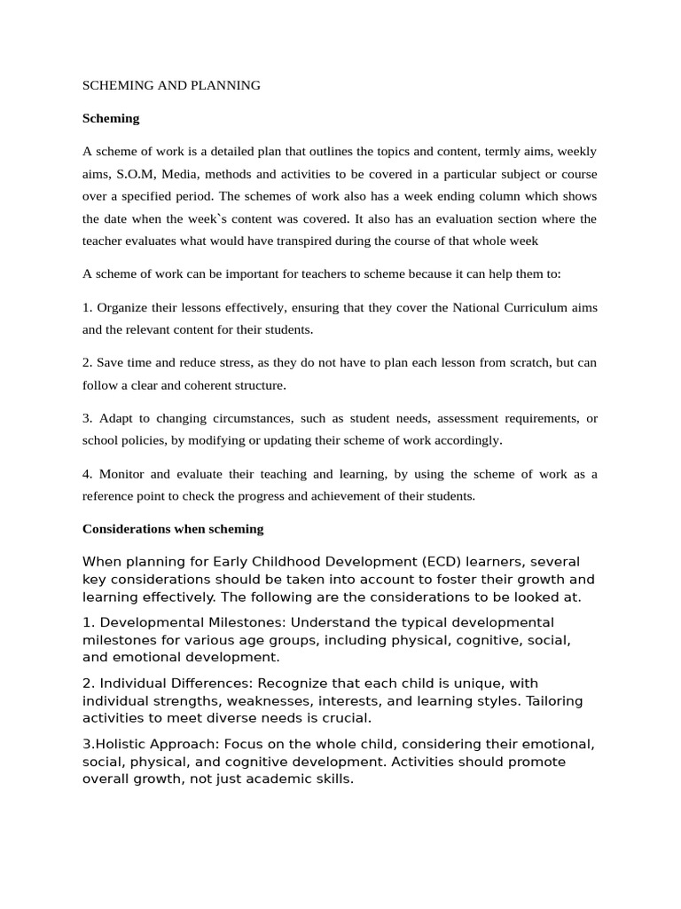 Effective Schemes of Work for ECD | PDF | Learning | Lesson Plan