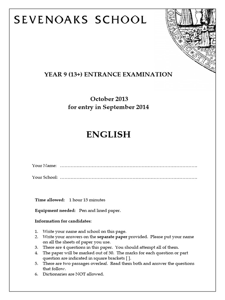 Sevenoaks School Year 9 English Sample Paper 2013 2013 | PDF