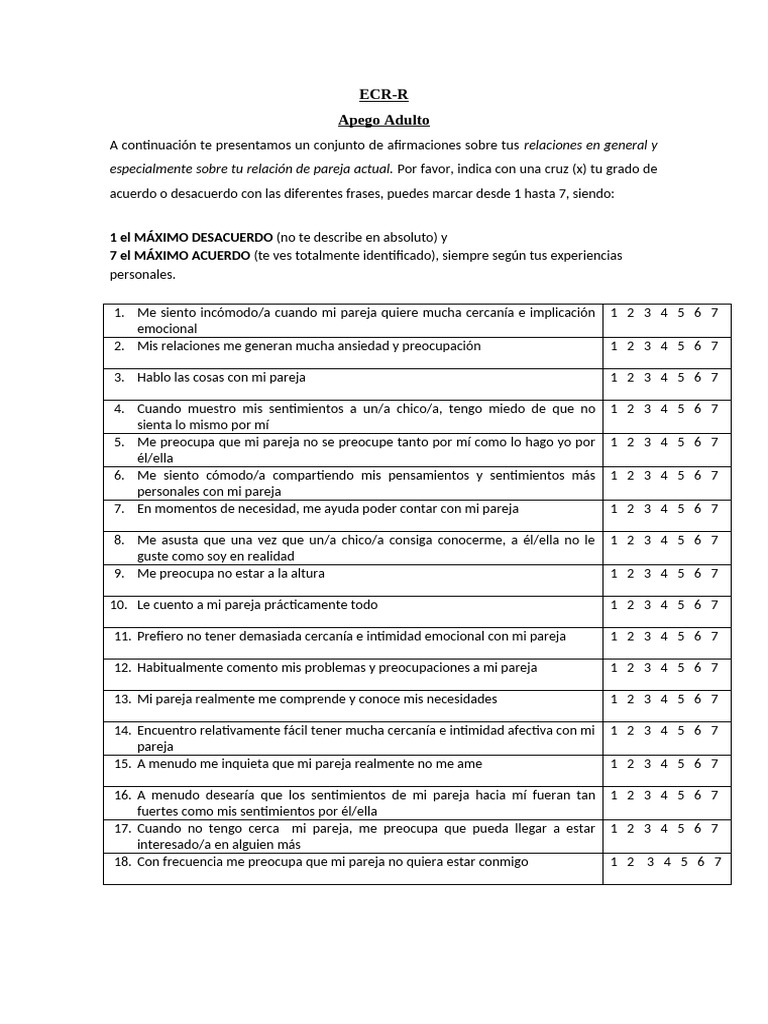 Test ECR-R de Apego Adulto | PDF | Teoría de apego | Ansiedad