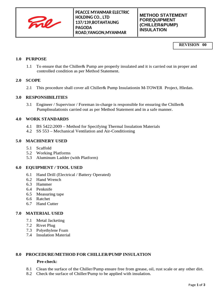 Method Statement Rev.00 - Equipment (Chiller & Pump) Insulation | PDF | Thermal Insulation | Pump