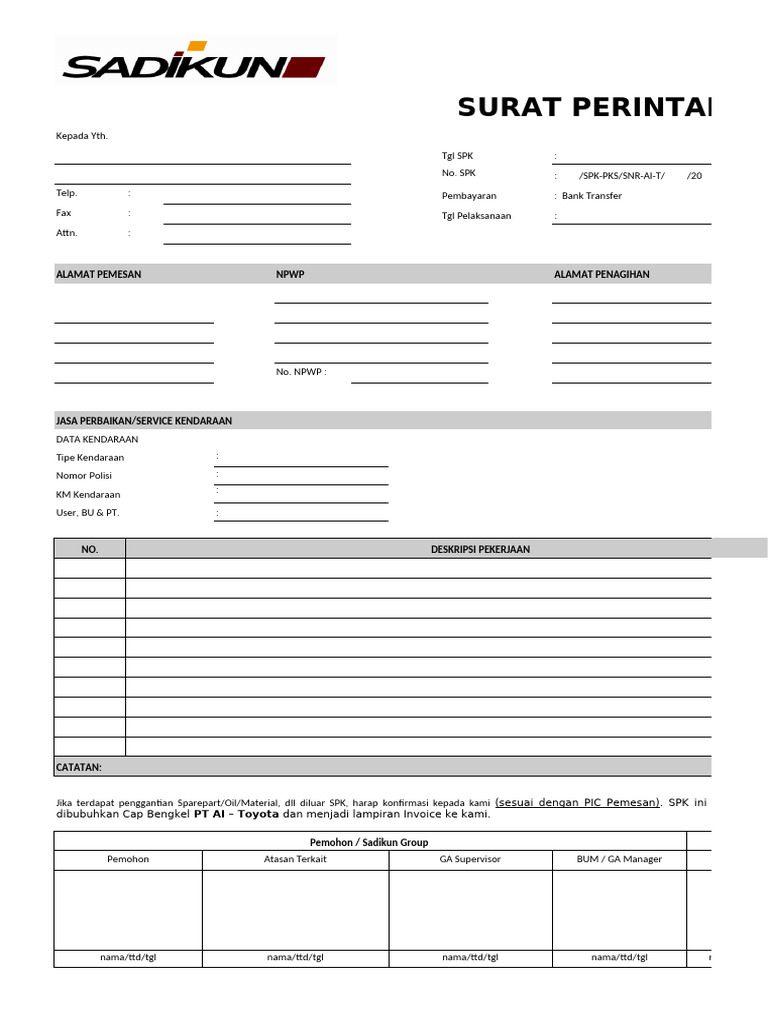 008. Form SPK TOYOTA-DAIHATSU-Kendaraan Operasional Ke Vendor | PDF