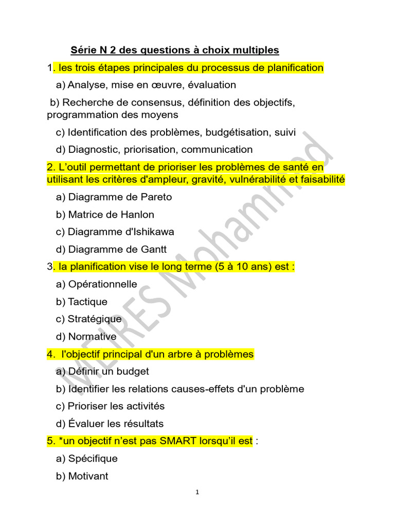 QCM sur la Planification Sanitaire | PDF | Planification | Budget