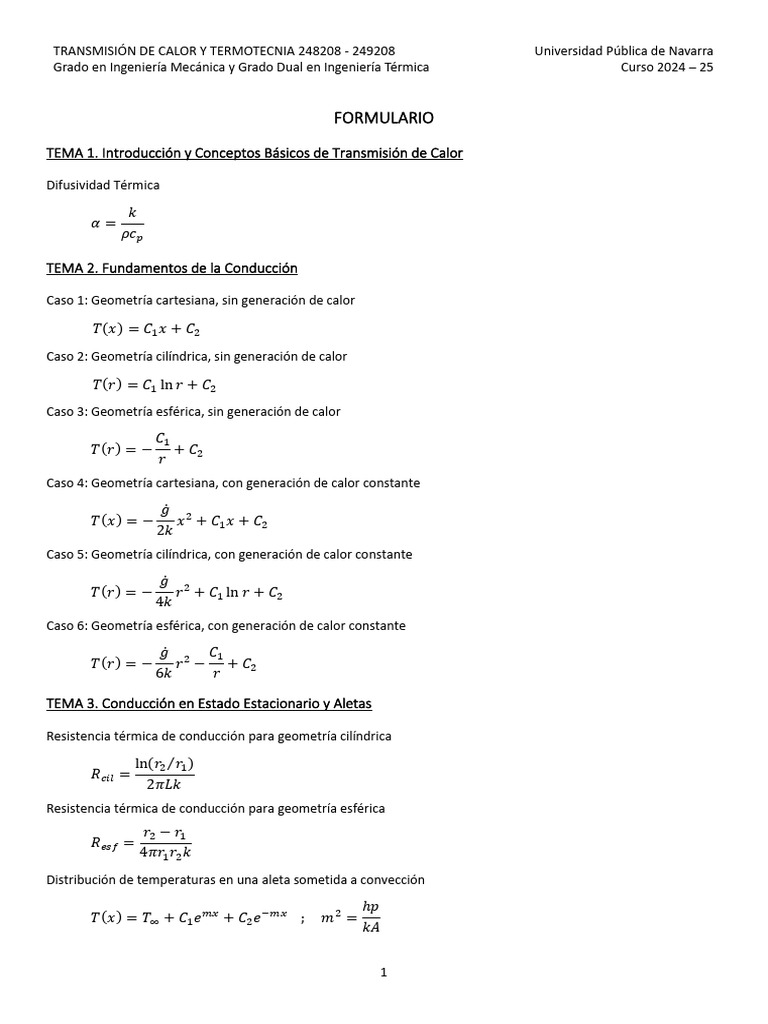 2024_25_Formulario | PDF | Conduccion termica | Convección