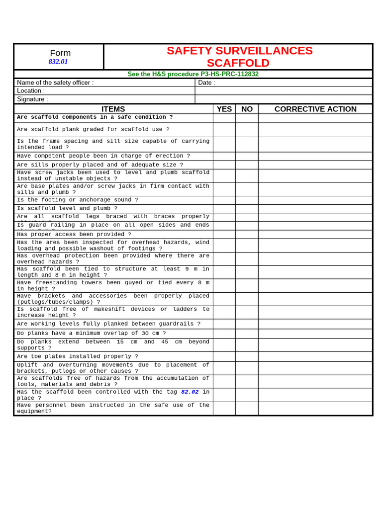 Scaffolding Inspection Form | PDF | Scaffolding | Manufactured Goods