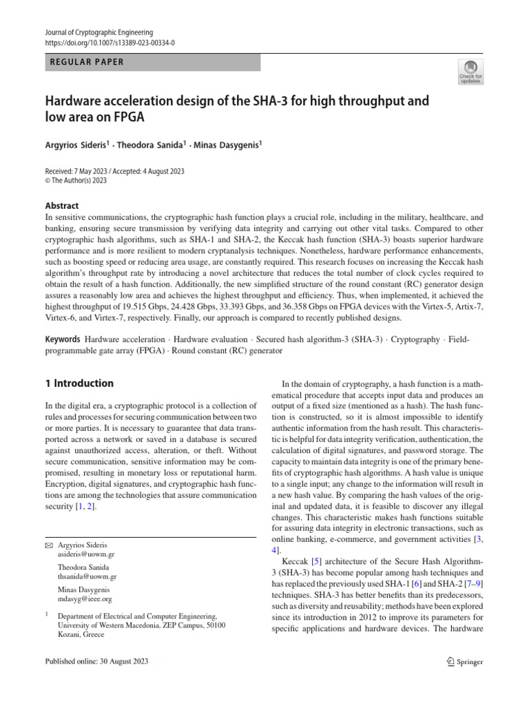 Hardware Acceleration Design of The SHA-3 For High Throughput and Low Area On FPGA | PDF | Field ...