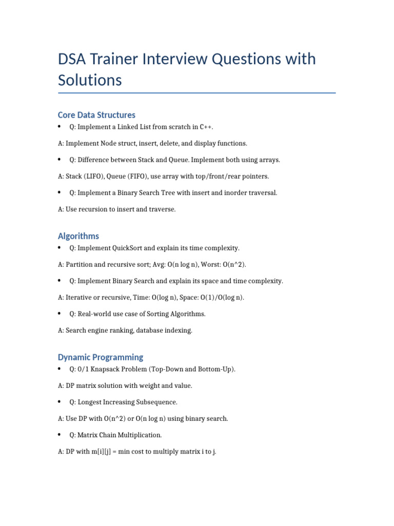 DSA Trainer Interview Questions | PDF | Discrete Mathematics | Algorithms And Data Structures