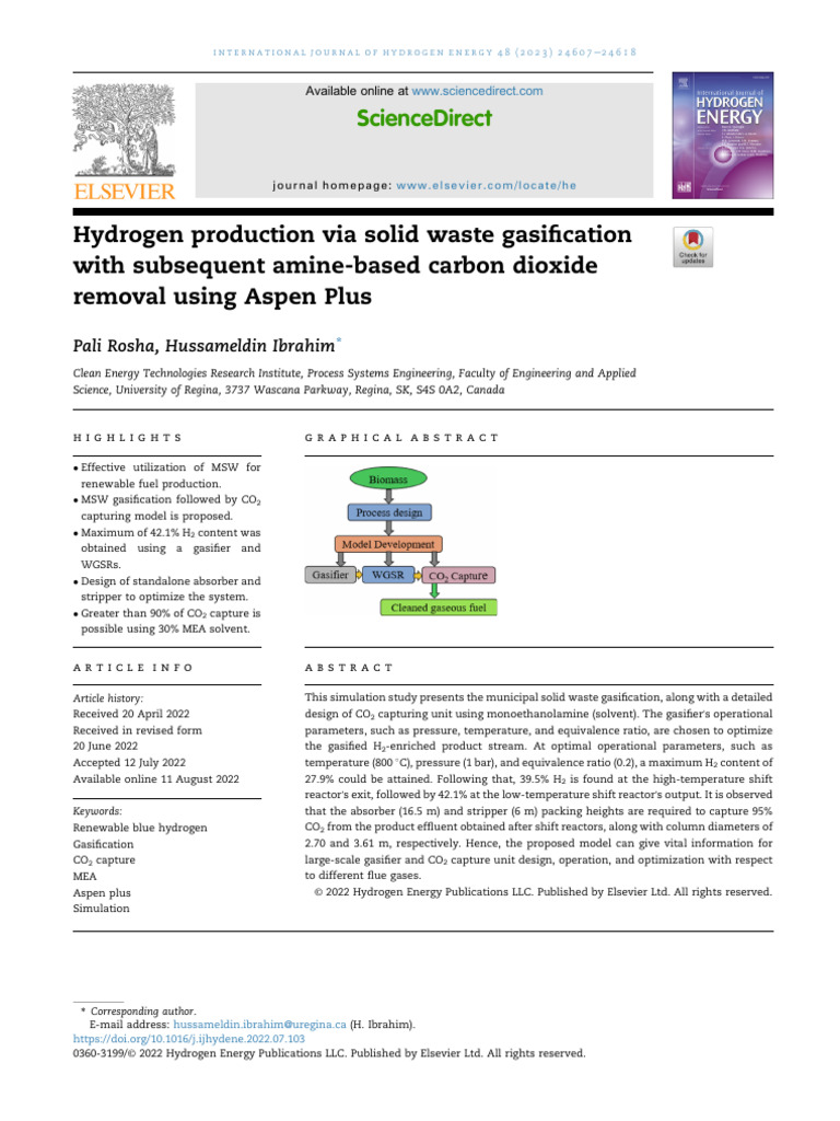Hydrogen Production Via Solid Waste Gasification With Subsequent Amine ...