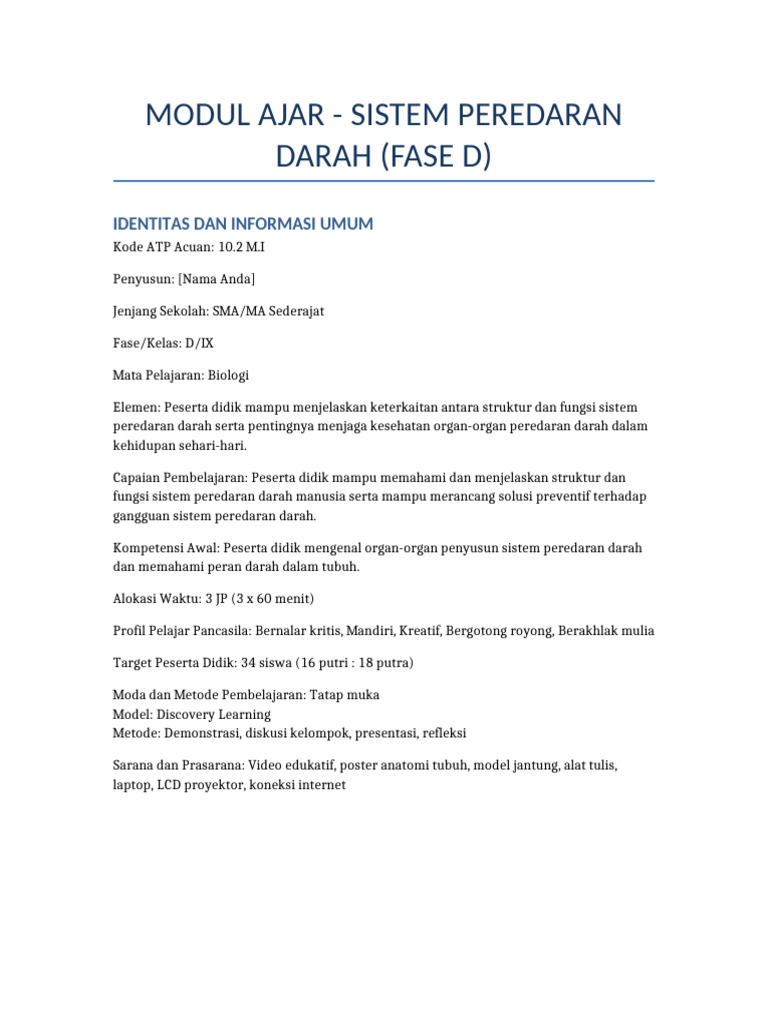 Modul Ajar Fase D Sistem Peredaran Darah | PDF