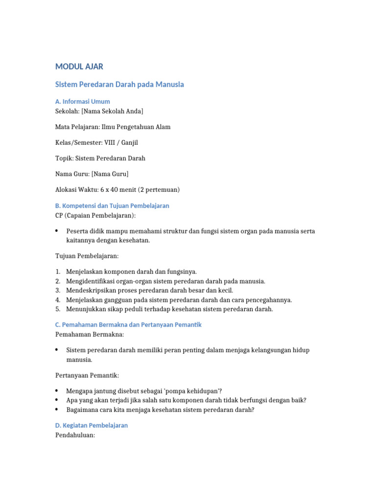 Modul Ajar - Sistem Peredaran Darah | PDF