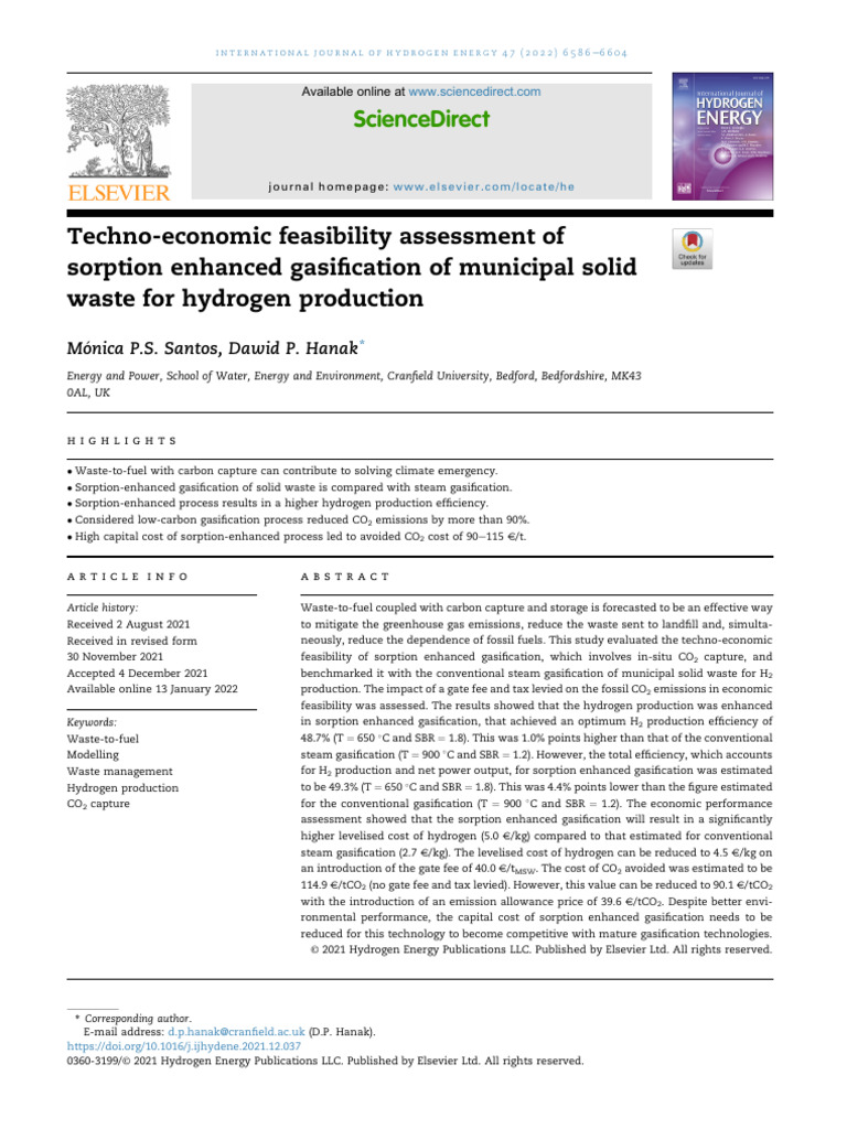 Techno-Economic Feasibility Assessment of Sorption Enhanced Gasification of Municipal Solid ...