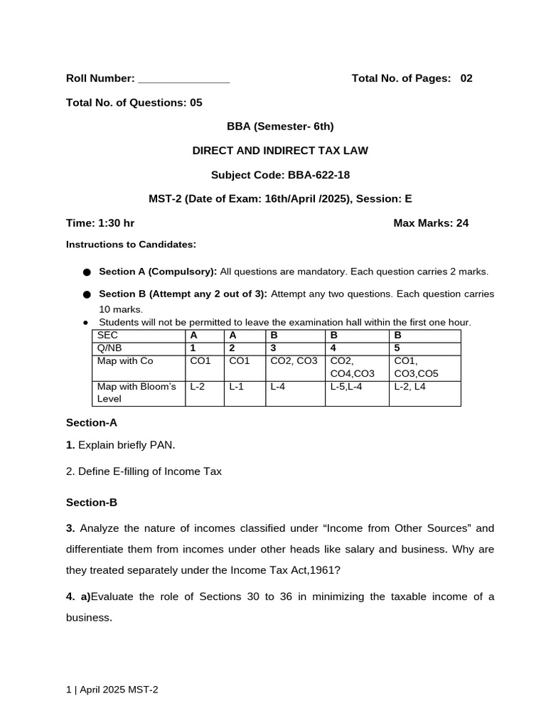 Income Tax MST-2 Exam Paper 2025 | PDF | Taxes | Income Tax