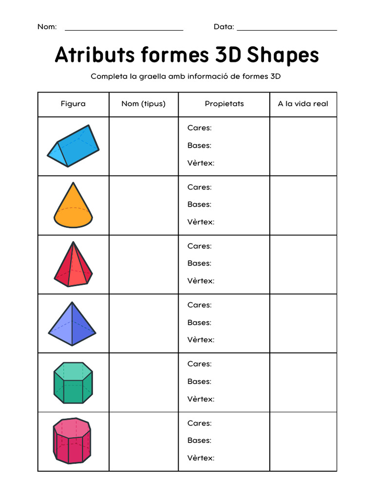 White Colorful Attributes of 3D Shapes Worksheet | PDF