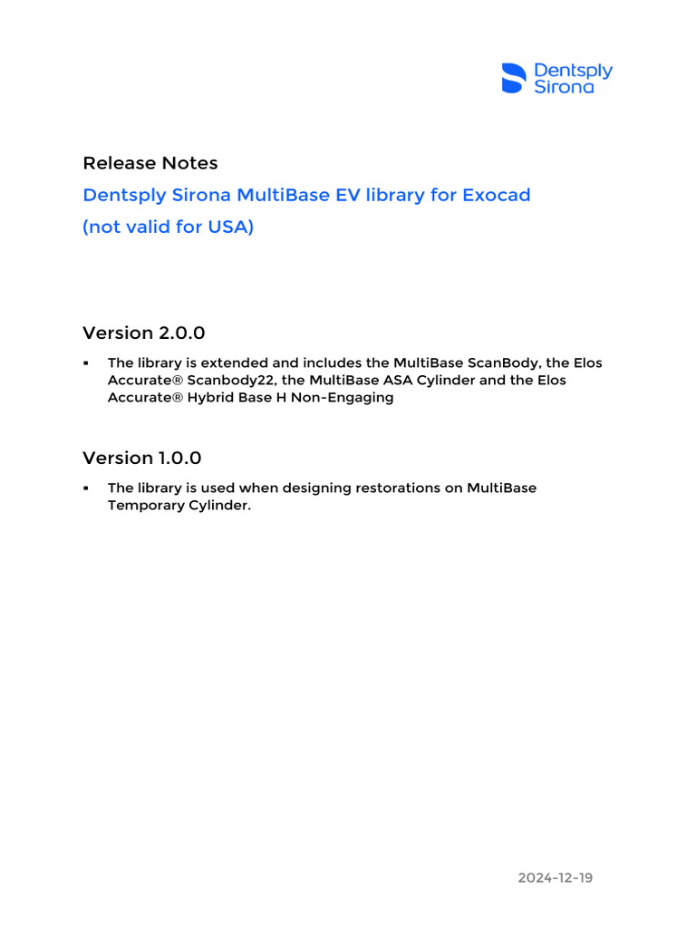 ReleaseNotes MultiBase EV Library 1.0.0 For Exocad USX | PDF