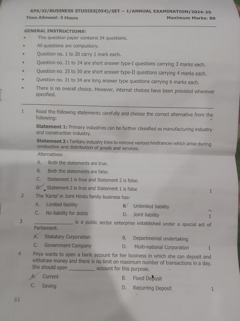 Business Studies Question Paper | PDF