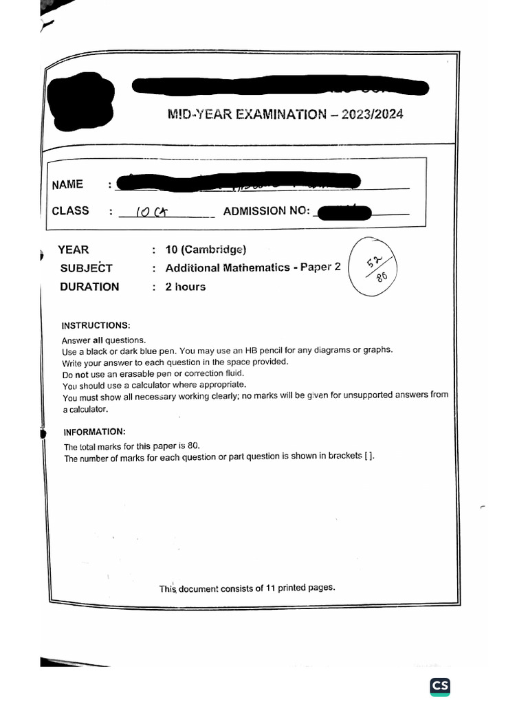 Add Math P2 MID YR10 | PDF