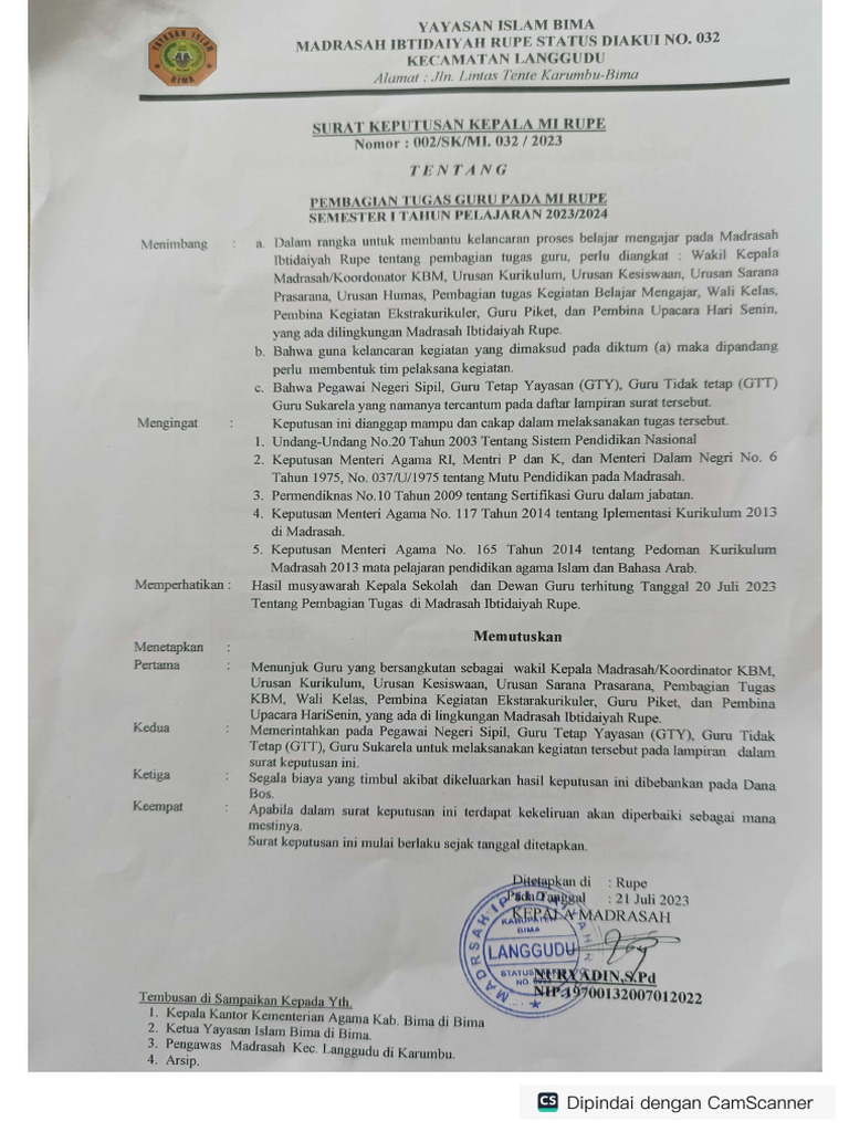 SK Pembagian Tugas Guru 2023-2024 | PDF