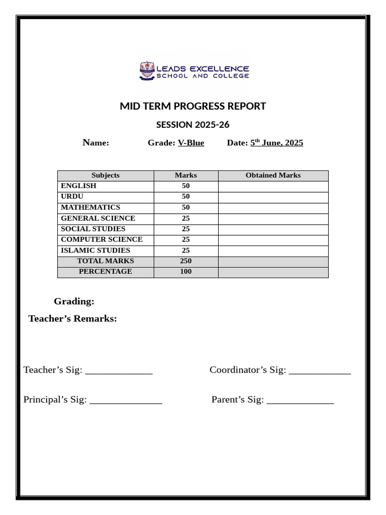 Mid Term Report Grade V-Blue 2025-2026 | PDF