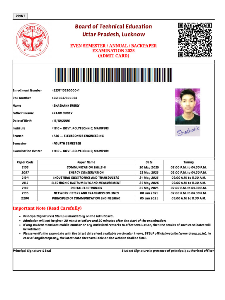 Bteup.ac.in ESeva Student AdmitCard.aspx EnrollNumber=E23111033000041 ...