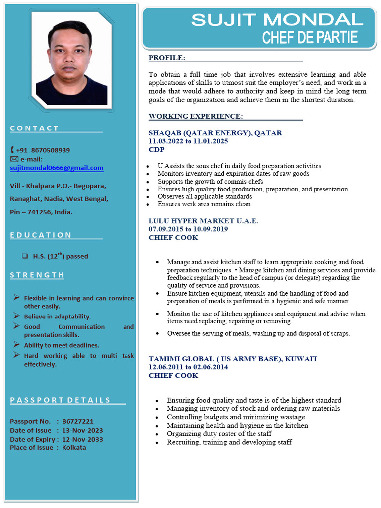 Sujit Mondal - CDP - Update CV & Certificates | PDF | Kitchen | Chef